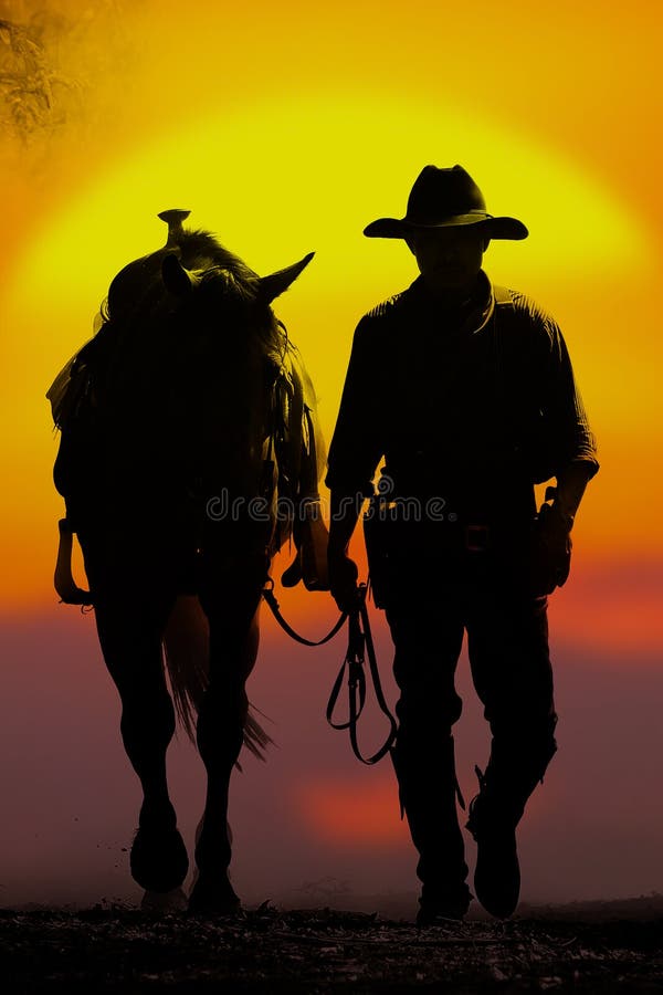 Silhouette of Cowboy Leading a Horse and the Sunset Stock Image - Image ...