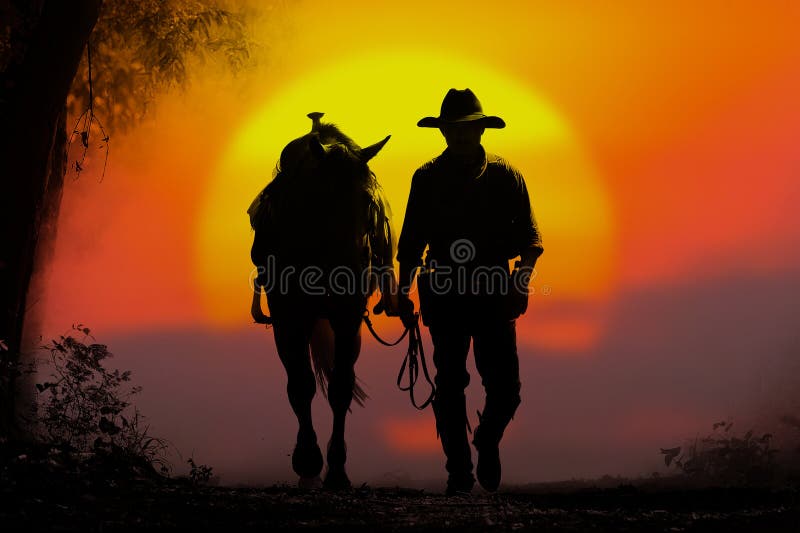 Silhouette of Cowboy Leading a Horse and the Sunset Stock Photo - Image ...