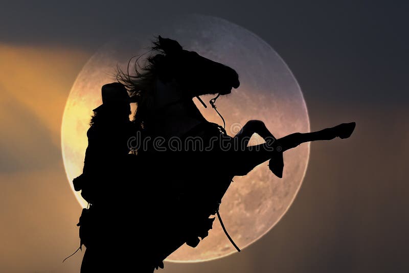 Silhouette of Cowboy Riding a Horse Against the Moon Stock Image ...