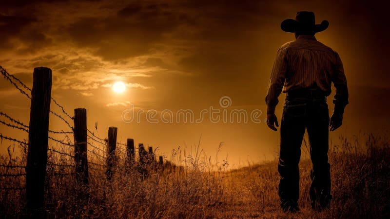 Silhouette of a Cowboy at Sunset on a Ranch Stock Illustration ...