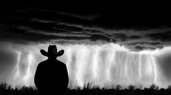 Silhouette of a Cowboy Watching a Dramatic Lightning Storm at Night ...