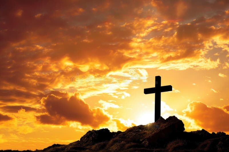 Cross Silhouetted Against Golden Sky Sunset Hope Faith Spiritual ...