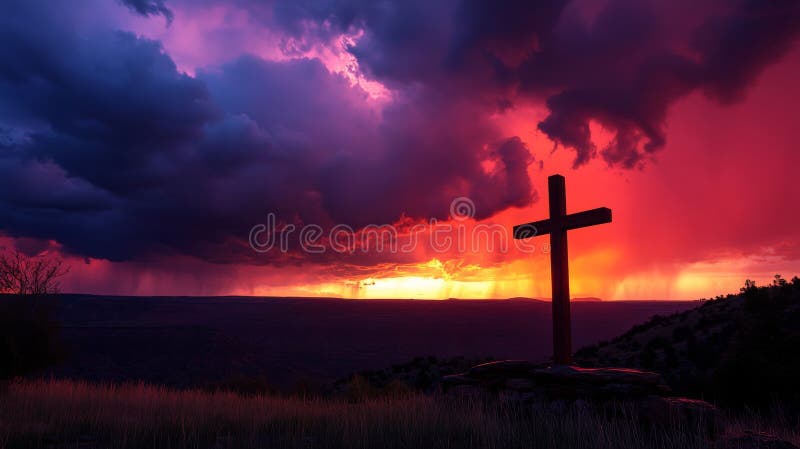 Cross in Dramatic Raining Sky Up Hill. Creepy Scene Panoramic Sky ...