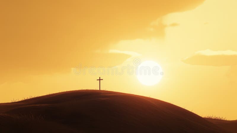 Silhouette of Cross on Hill at Sunrise Stock Illustration ...