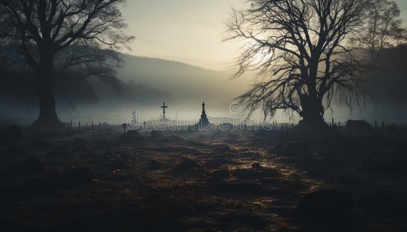 Silhouette of Cross on Old Tombstone in Spooky Forest Generated by AI ...