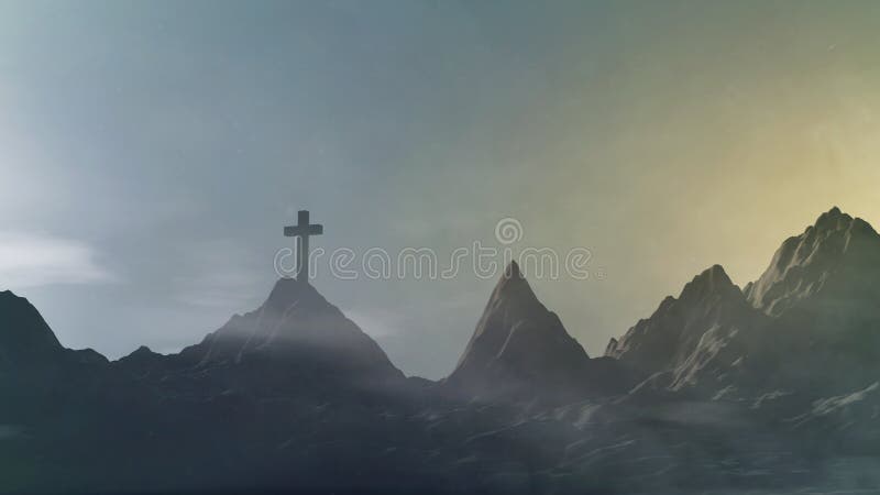 Silhouette of the Cross Over the Sunset on Mountain Top 3d Rendering ...