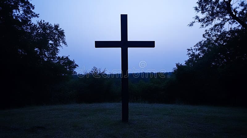 Silhouette of a Cross Standing in a Field at Dusk Surrounded by Trees ...
