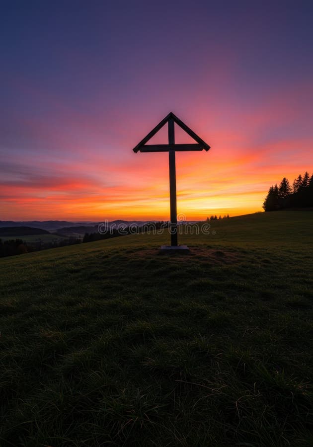 Silhouette Cross Sunrise Landscape Stock Illustration - Illustration of ...