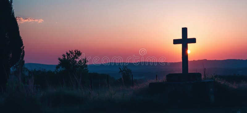 Silhouette of Cross at Sunset Overlooking Scenic Landscape Stock Image ...
