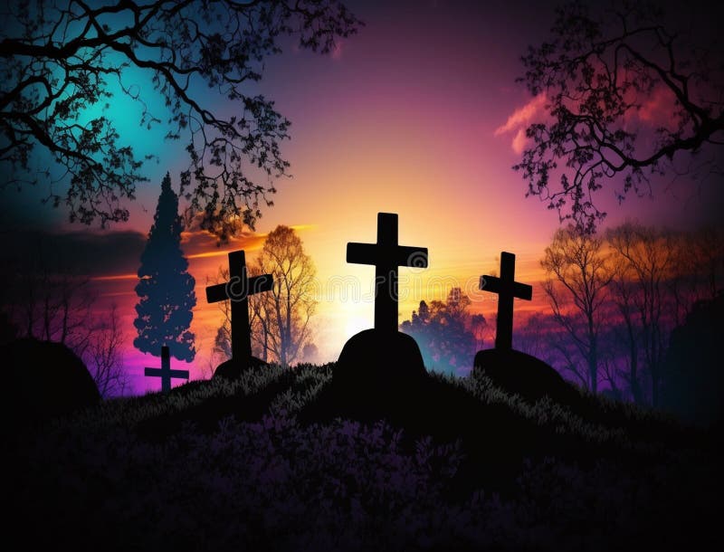Silhouette of Crosses on Beautiful Easter Sunset Stock Illustration ...
