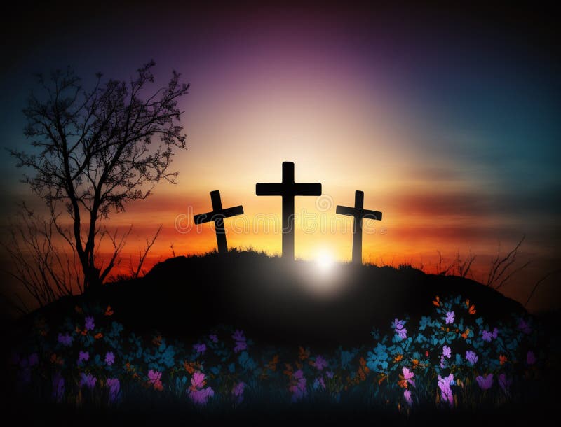 Silhouette of 3 Crosses on Beautiful Easter Sunset Stock Illustration ...