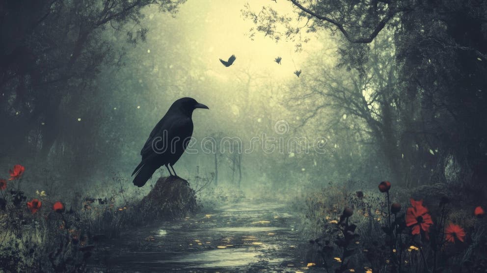 Silhouette of a Crow in a Dark Mystical Forest Stock Illustration ...