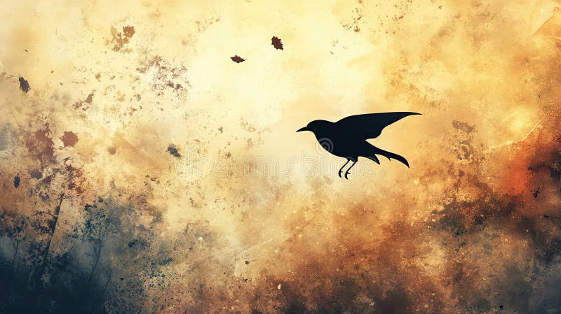 Silhouette of a Crow in Flight Against a Dramatic Gold and Brown Sunset ...