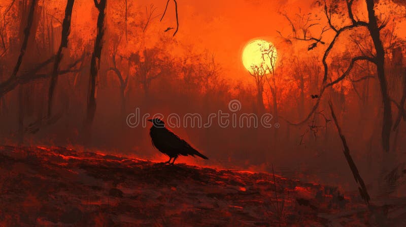 Silhouette of a Crow on a Forest Path with a Fiery Sunset in the ...