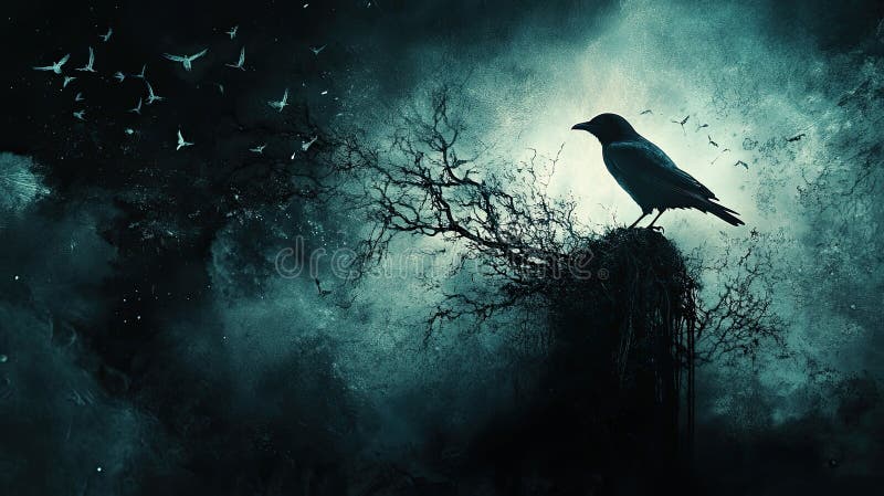 Silhouette of a Crow on a Leafless Tree at Night Stock Illustration ...