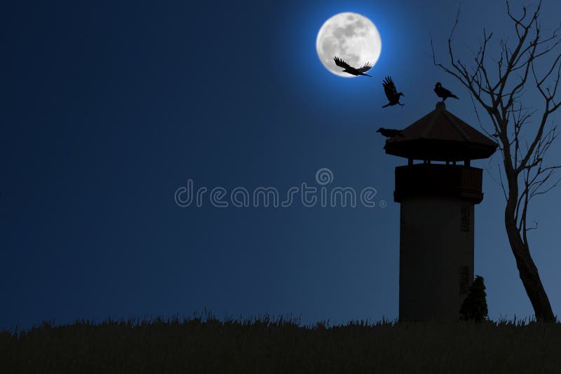 A Silhouette of a Crow Clinging and Flying on an Old Watchtower beside ...