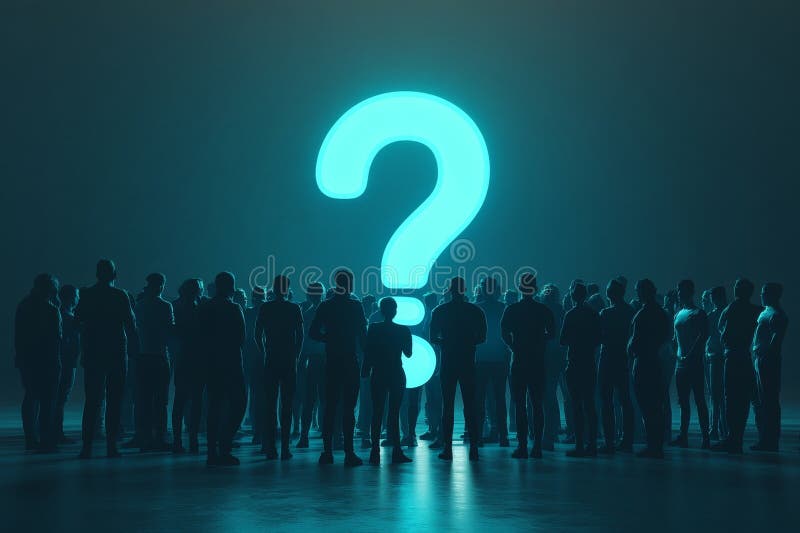 Silhouette of a Crowd before a Glowing Question Mark Seeking Solutions ...
