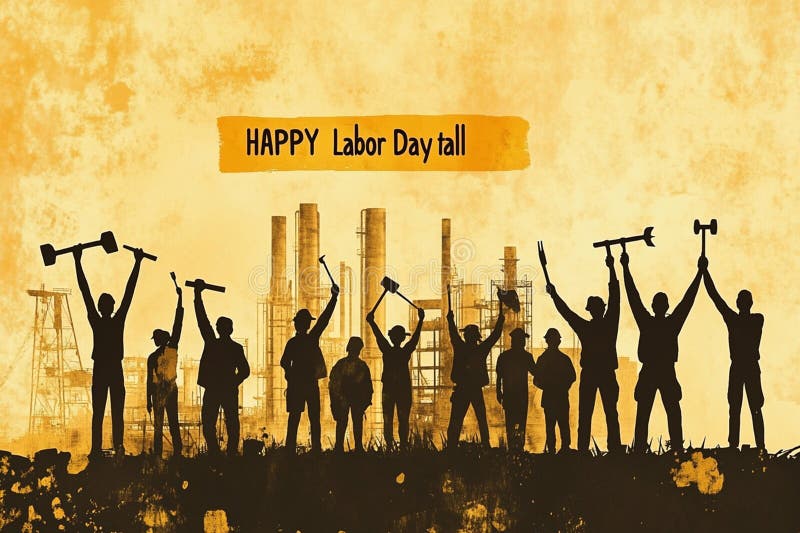 Silhouette Crowd Holds Tools with Industry Backdrop, Happy Labor Day ...