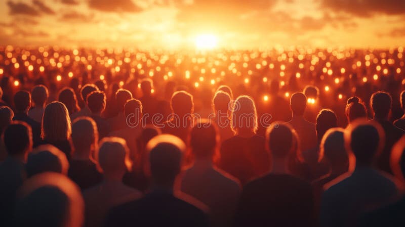 Silhouette Crowd at Sunset with Warm Golden Light Stock Illustration ...