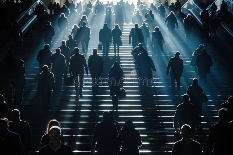 Silhouette of Crowded People Walking Up and Down the Stairs Stock Photo ...