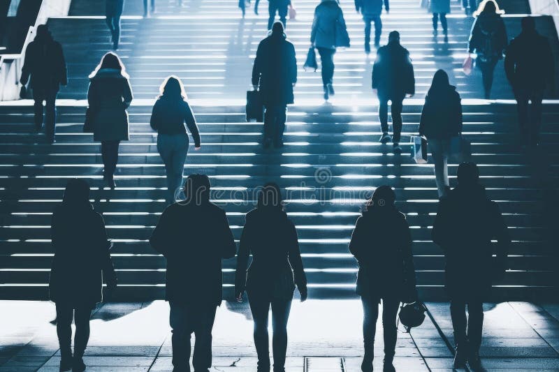 Silhouette of Crowded People Walking Up and Down the Stairs Stock ...