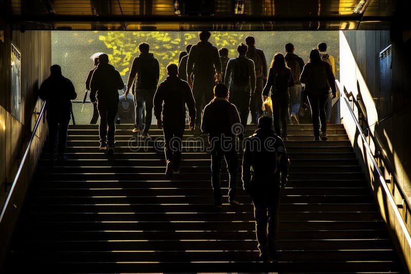 Silhouette of Crowded People Walking Up and Down the Stairs Stock ...