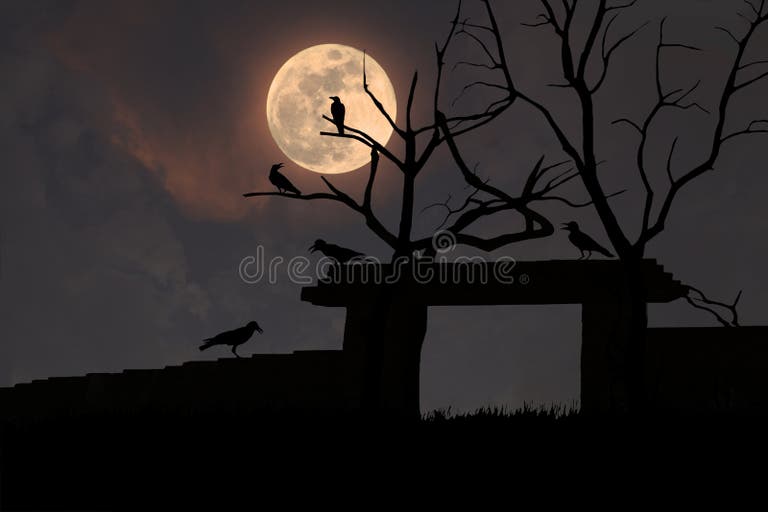 Silhouette of Crows Perched on Trees and Old Archway in Full Moon Night ...