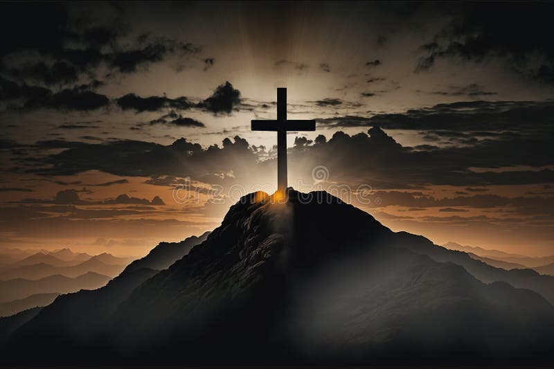 Silhouette of Crucifix Cross on Mountain with Sunset Created with ...