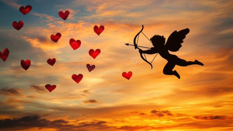 A Silhouette of a Cupid Shooting at Hearts Stock Illustration ...