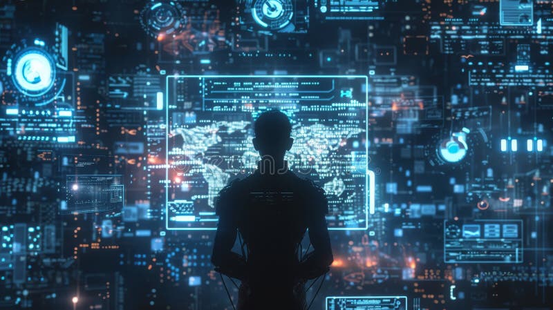 Silhouette of a Cybersecurity Professional Surrounded by Advanced ...