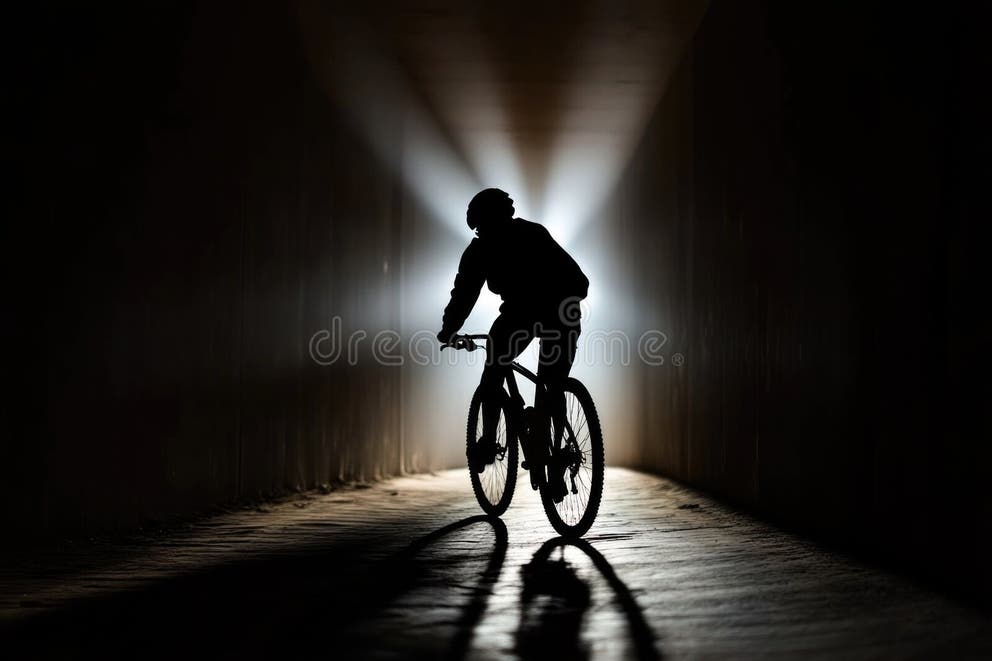 Silhouette of Cyclist Riding through Dark Tunnel Illuminated by ...