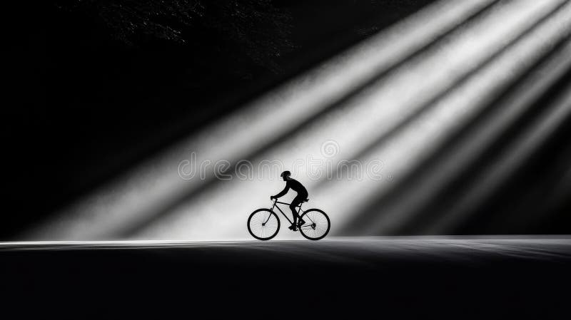 Silhouette of Cyclist Riding through Light Beams Stock Illustration ...