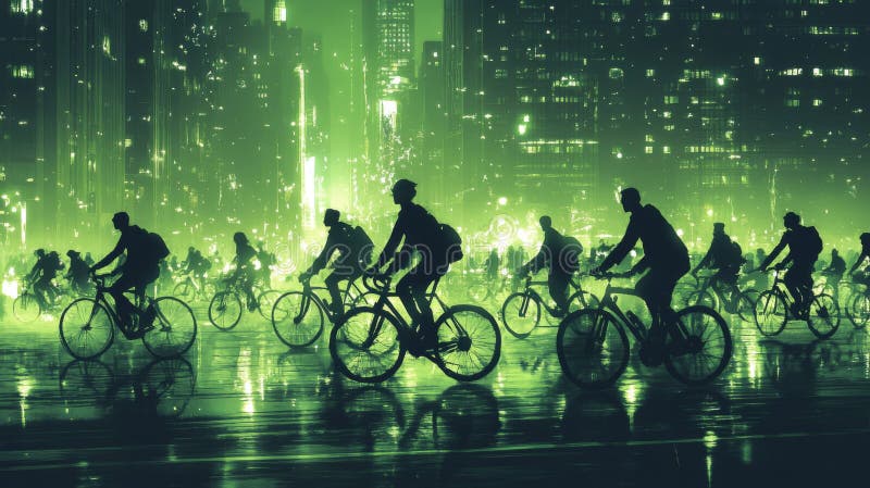 Silhouette Cyclists Riding Bikes at Night in Green City Stock ...