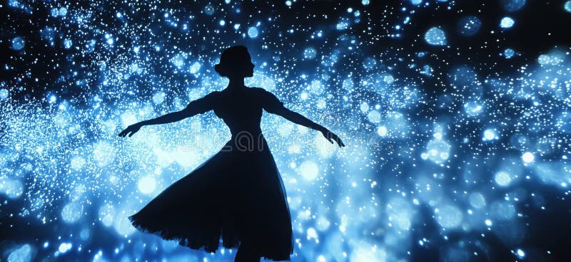 Silhouette of Dancer Against Sparkling Blue Background, Captivating ...