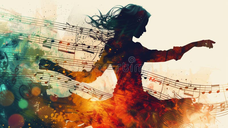 Silhouette of Dancer in Dynamic Double Exposure with Music Notes Stock ...