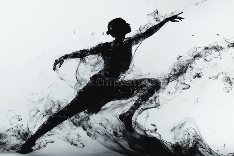 Silhouette of a Dancer in Motion Surrounded by Swirling Black Ink on a ...
