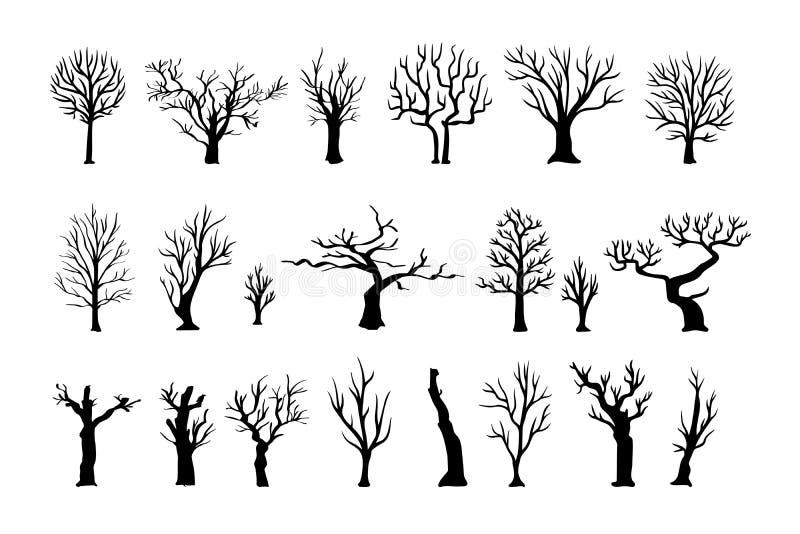 Silhouette Dead Dry Tree Set. Black Tree on White Background Stock ...