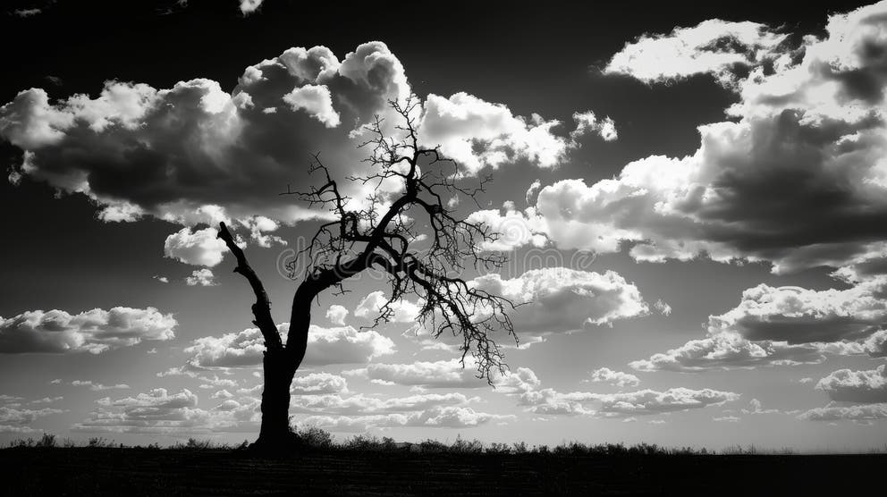 Silhouette Dead Tree on Dark Dramatic Sky and White Clouds Background ...