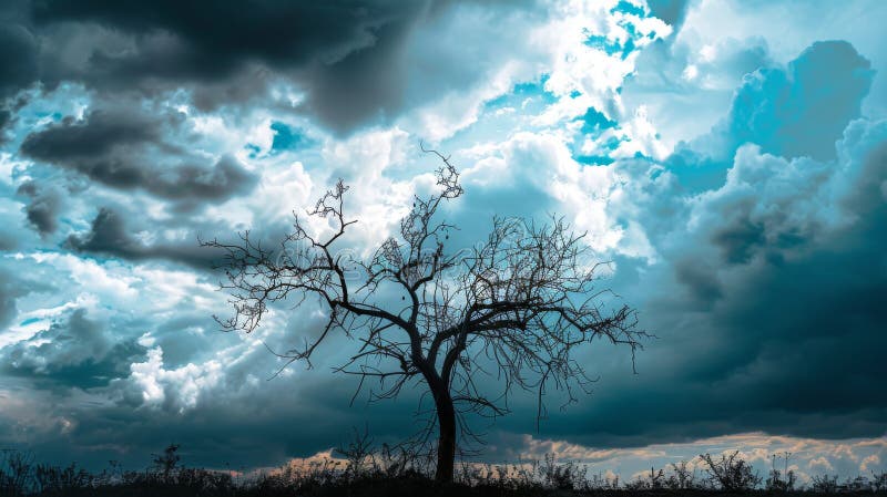 Silhouette Dead Tree on Dark Dramatic Sky and White Clouds Background ...
