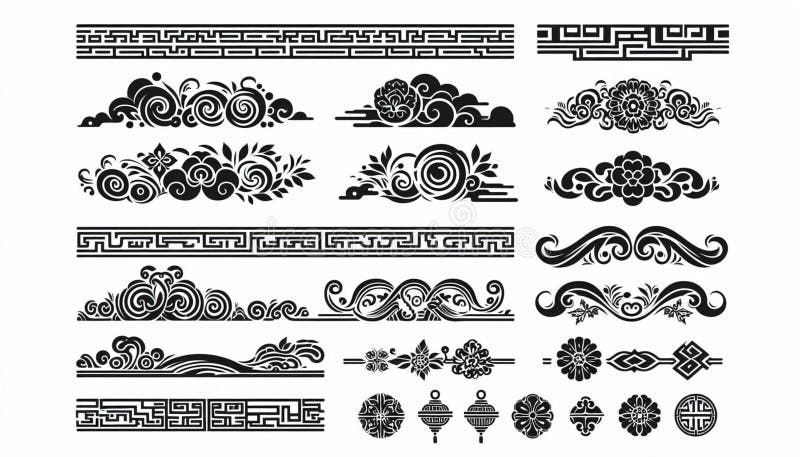 Silhouette Decorative Edge Elements in Chinese Folk Art Style Featuring ...