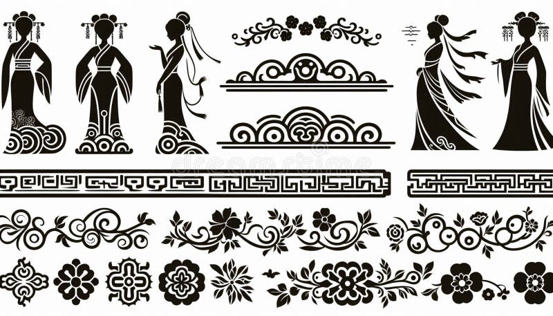 Silhouette Decorative Edge Elements in Chinese Folk Art Style Featuring ...