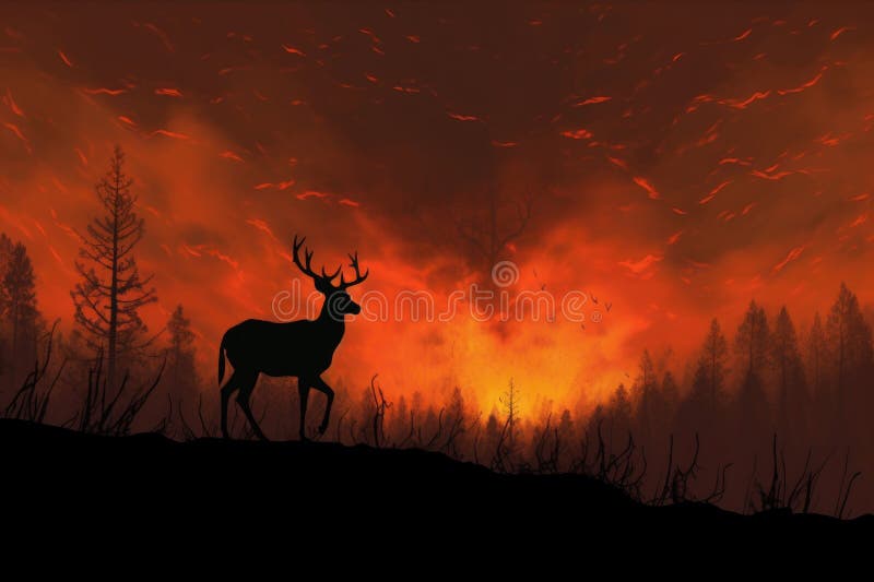 A Silhouette of a Deer Escaping the Wildfire at Dusk Stock Illustration ...