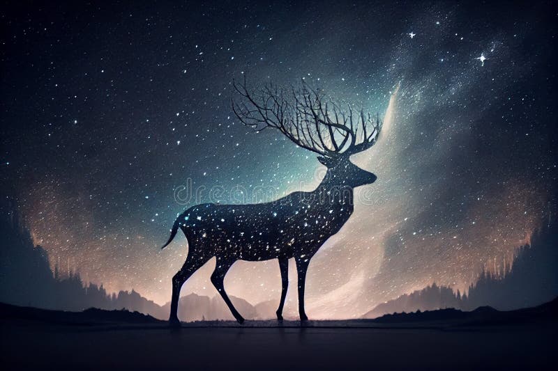 Silhouette of a Deer from the Fog and Stars in the Night Sky. AI ...