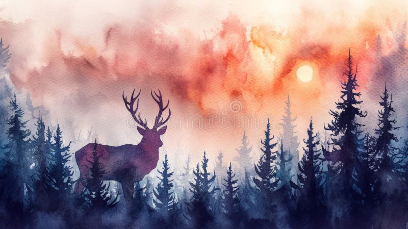 Silhouette of a Deer at Sunset in the Forest - Watercolor Artwork Stock ...