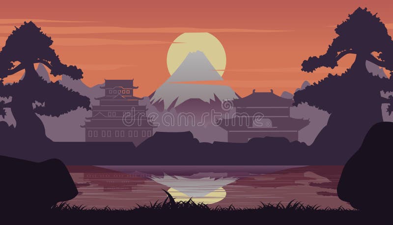 Silhouette Design of Landscape View of Japan on Sunset Time Stock ...