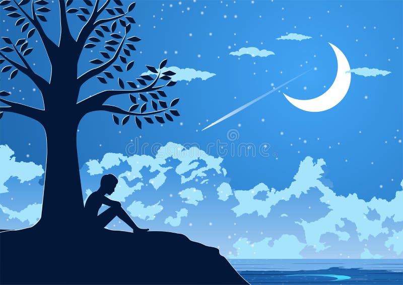 Silhouette Design of Lonely Young Man on Silent Night Under a Tree ...
