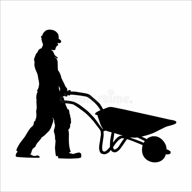 Silhouette of a Project Worker Pushing a Cart, White Background Stock ...