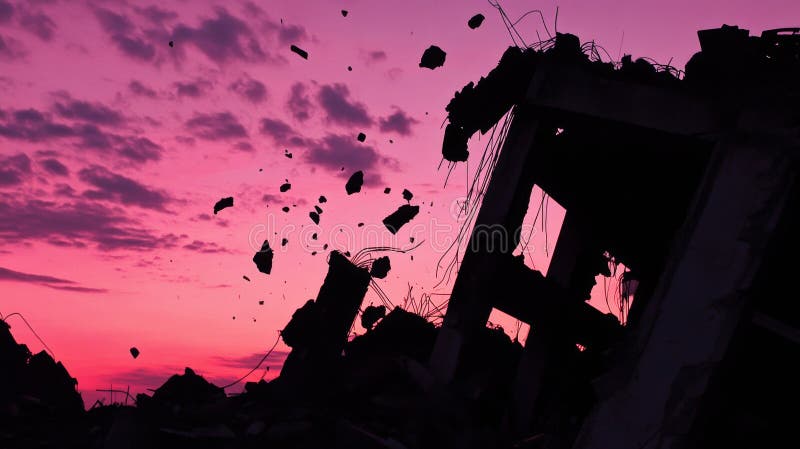 Silhouette of a Destroyed Building Against a Pink Sunset Sky Stock ...