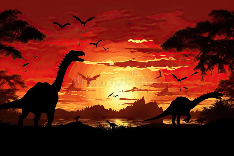 Silhouette of Dinosaurs in the Sunset. Stock Illustration ...