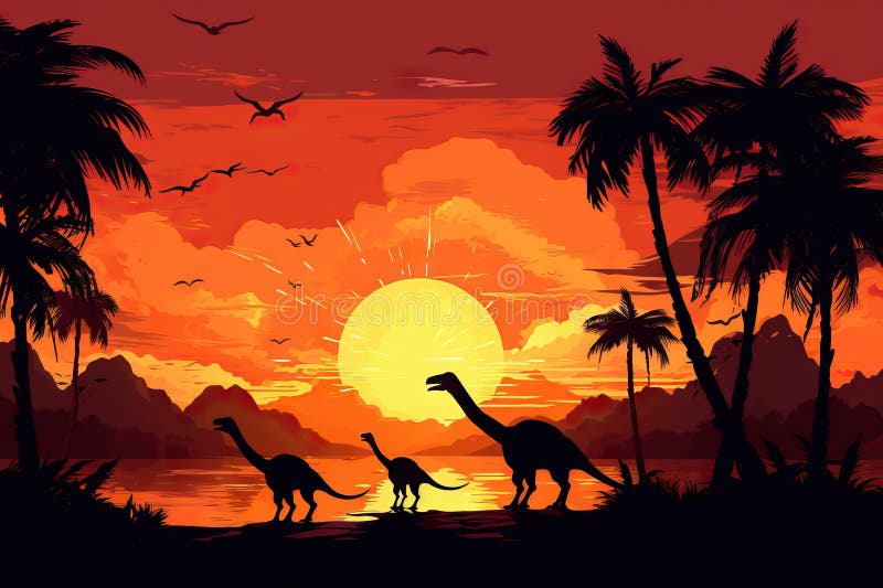 Silhouette of Dinosaurs in the Sunset. Stock Illustration ...